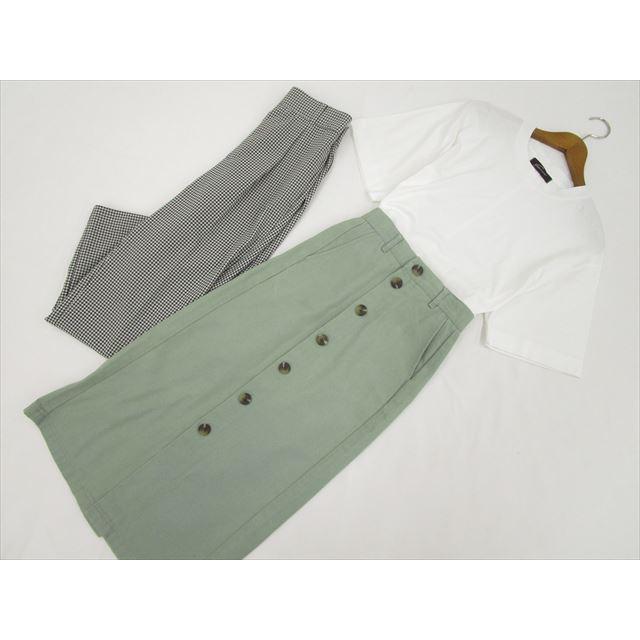 GLOBAL WORK GU等 洗える 五分袖Tシャツ+ロングスカート+パンツ コーディネート上下3点セット S相当 ホワイト/グリーン/ブラック×ホワイト チェック シンプル 30〜40代 ...