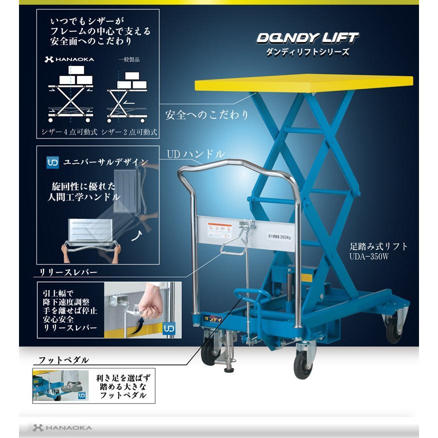 花岡車輌(HANAOKA) DANDY LIFT UDA-350W スチール製 足踏式350kgリフト台車(Wシザー) 600×910 [送料 ...