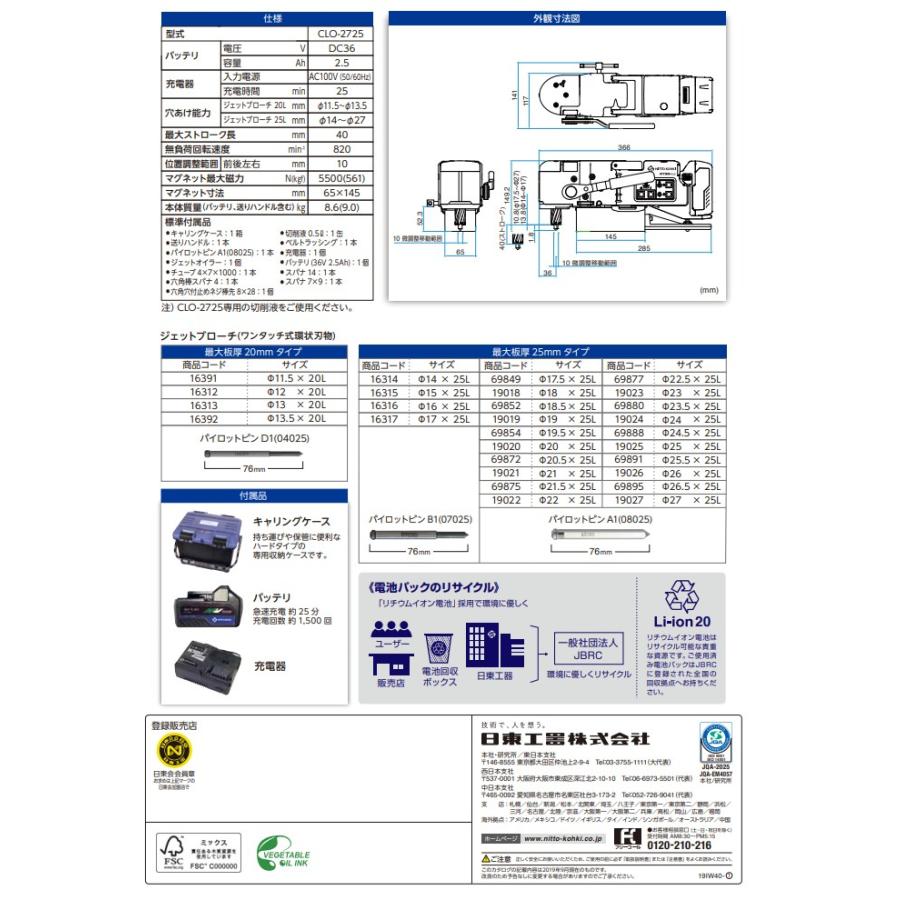 日東工器 アトラエース コードレスタイプ CLO-2725 セット品（電池・充電器・ケース付） : ファーストヤフー店 - 通販 - Yahoo!ショッピング