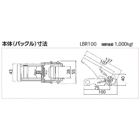 OH(オーエッチ工業) 荷締機 ラッシングベルト LBR100 E45 ラチェットバックル 端末金具：エンドレス ベルト長さ：固定側-/巻取側 ...