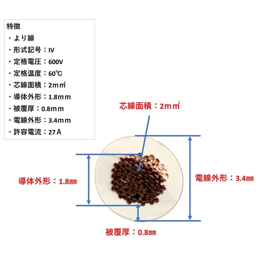 IVケーブル 2sq ＜白＞ 600Vケーブル 電気機器用ビニル絶縁電線 絶縁キャップ付き（切り売り1m〜）20m :I2-2000-WH:FKK - 通販 - Yahoo!ショッピング