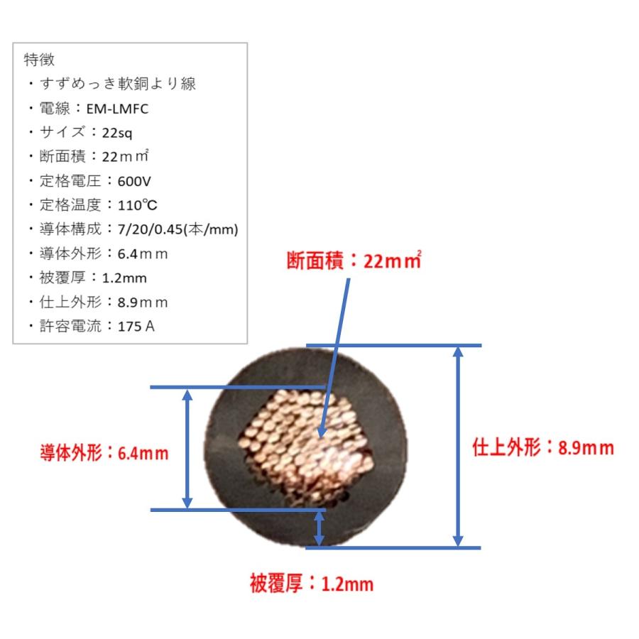 LMFCケーブル 22sq ＜黒＞ 600Vケーブル 電気機器用ビニル絶縁電線 絶縁キャップ付き（切り売り1m〜)9m :LMFC22-900-BK:FKK - 通販 - Yahoo!ショッピング