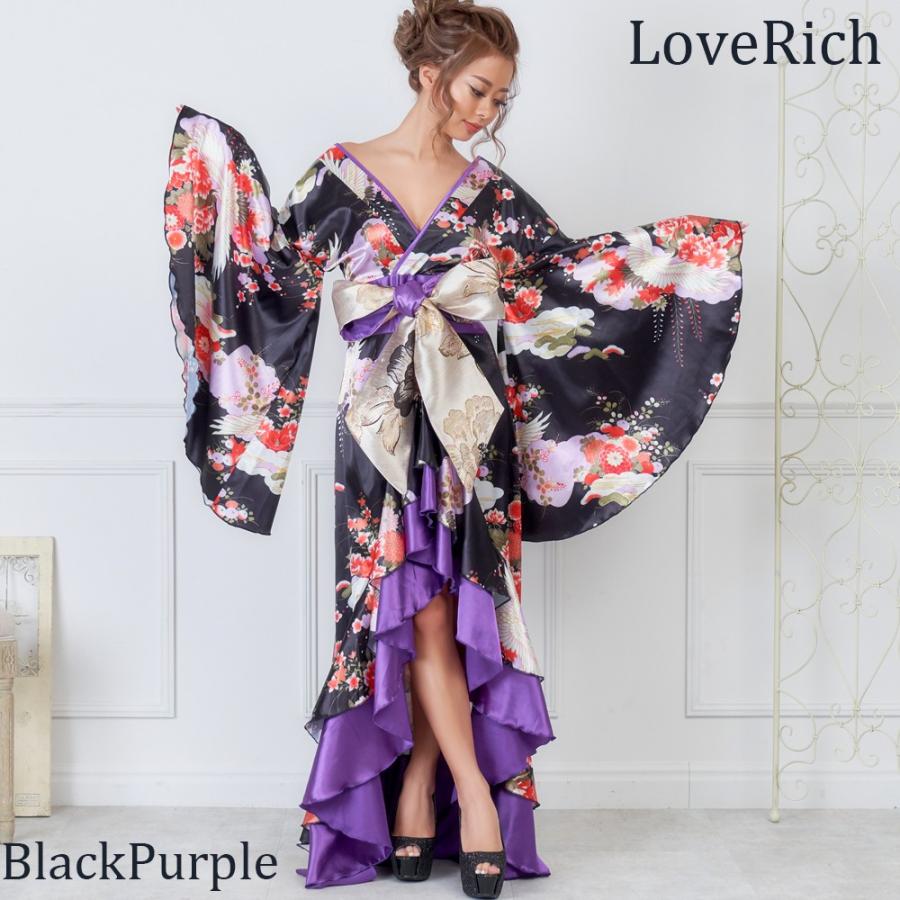 サテン和柄フリルロング着物ドレス 衣装 ダンス よさこい 花魁