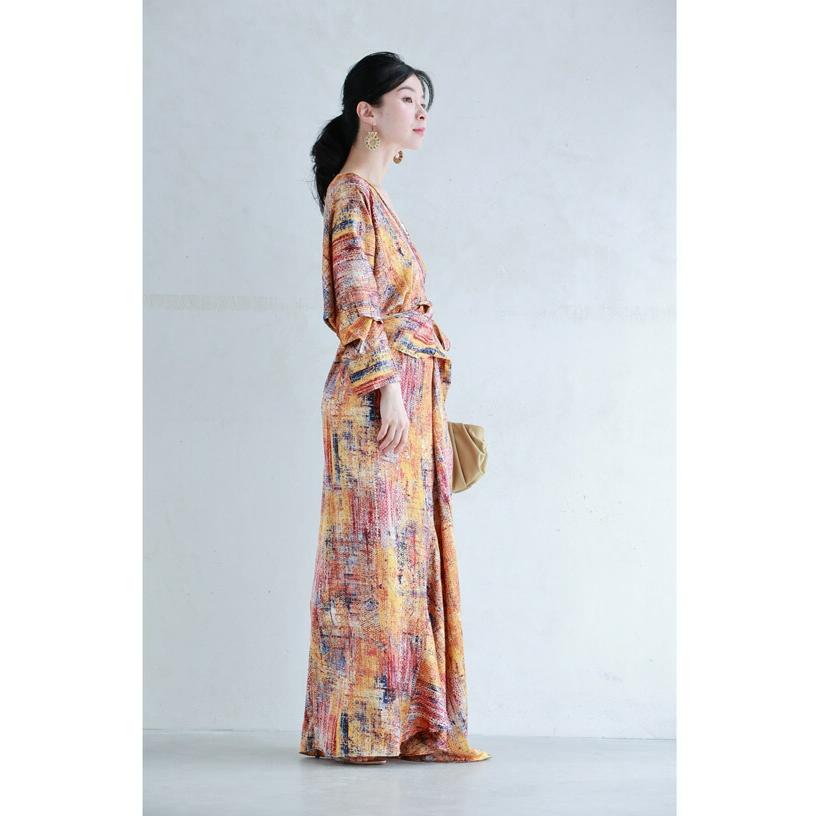 セール商品返品交換不可】L対応 彩り豊かなアート柄カシュクールロング