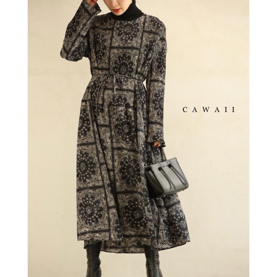 Sから2L対応 上品なバンダナ柄プリントミディアムワンピース 紐ベルト付き : CAWAII - 通販 - Yahoo!ショッピング