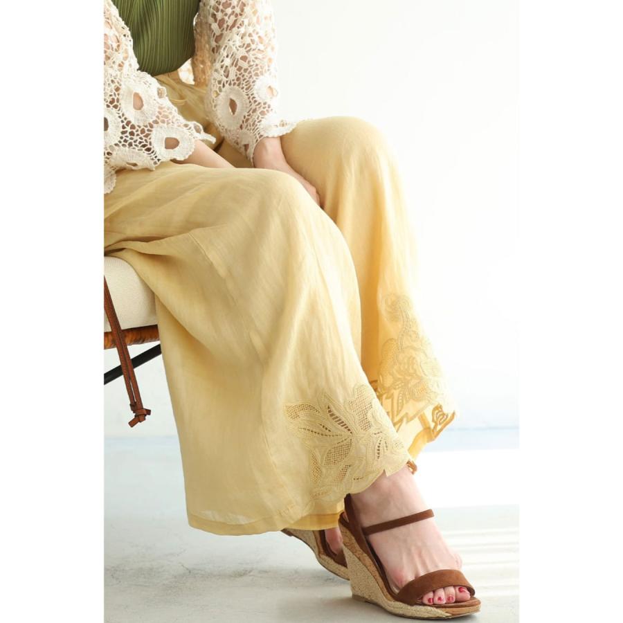 SからL対応 花刺繍裾のリネンワイドパンツ : CAWAII - 通販 - Yahoo