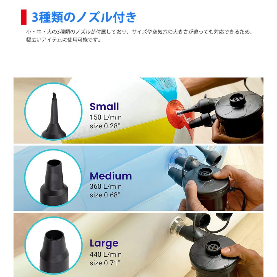 エアーポンプ 電動 2WAY 空気入れ 空気抜き 大型 プール 浮き輪 ビニールプール エアーベッドに適用 コンセント式 140Wハイパワー 3種類のノズル付き : Fuji-Phantom ...