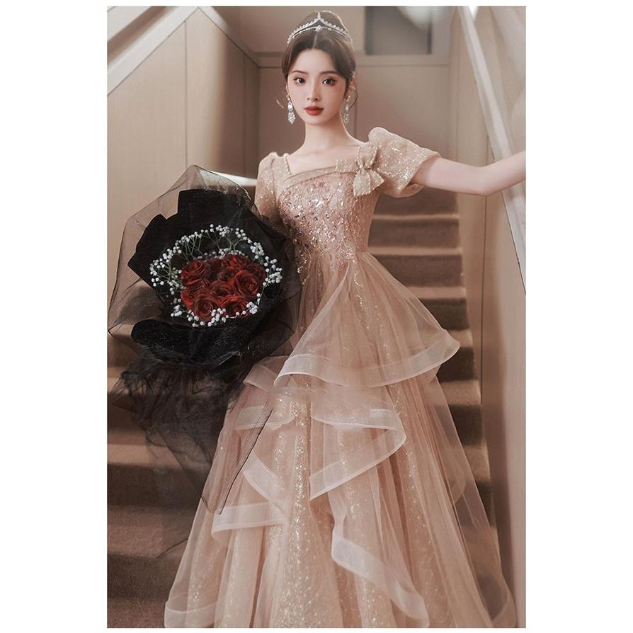 ドレス 大人 ピアノ発表会 演奏会 結婚式 袖付き フェミニン 大きい