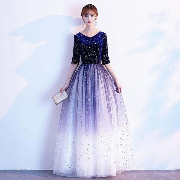 レディース ロングドレス 演奏会 半袖 5分袖 キラキラ グラデーション