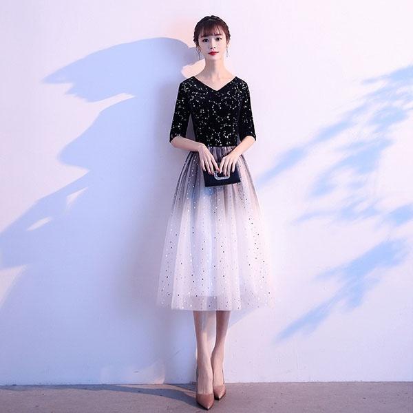 レディース ロングドレス 演奏会 半袖 5分袖 キラキラ グラデーション