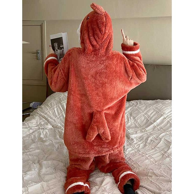 もこもこパジャマ ナイトガウン レディース サメ柄 冬 かわいい 長袖