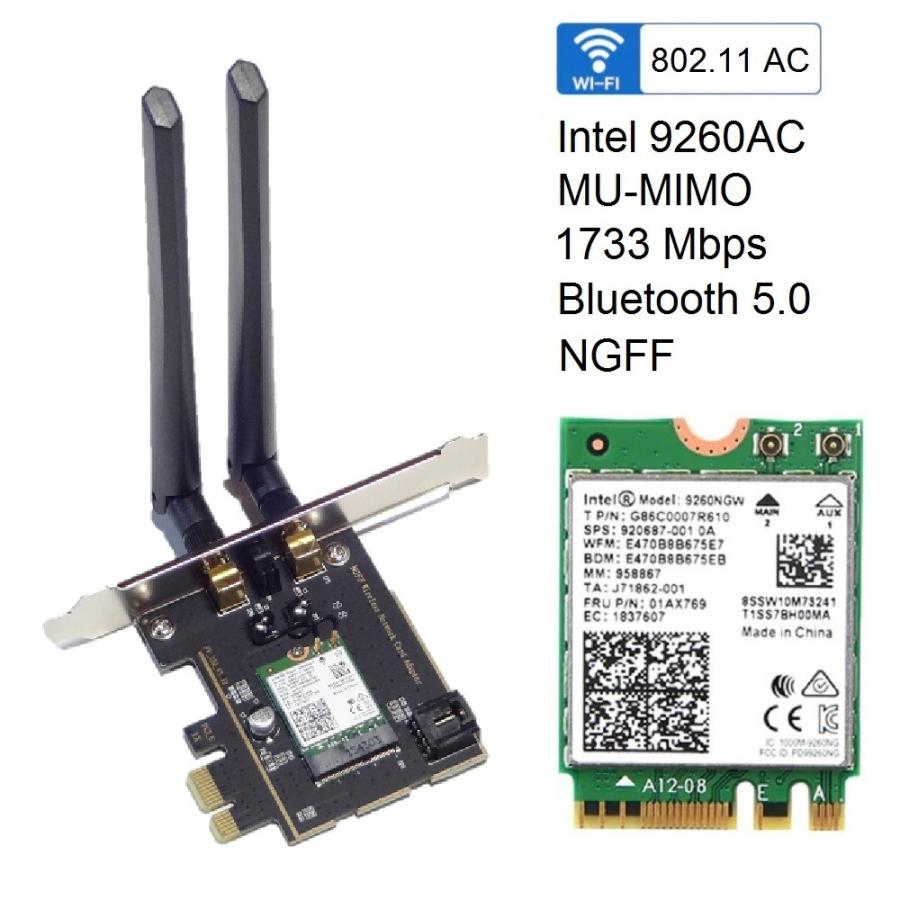 Intel インテル 9260 NGW 802.11ac (1,733Mbps) Wi-Fi 5 MU-MIMO & Bluetooth5 ...