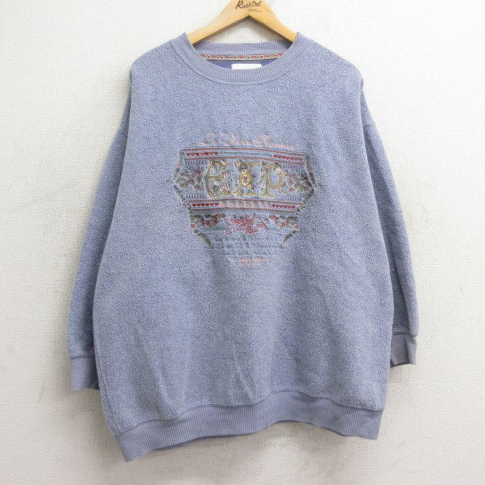 【50%OFF】古着 長袖 フリース トップス レディース 90s EXP 花 刺繍 大きいサイズ クルーネック 薄紫系 パープル ...