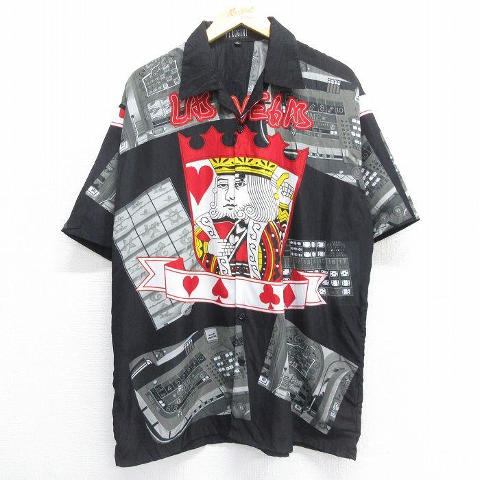 XL/古着 半袖 シャツ メンズ 00s ラスベガス カジノ トランプ ロング丈 開襟 オープンカラー 黒他 ブラック 24jul12 中古 ...