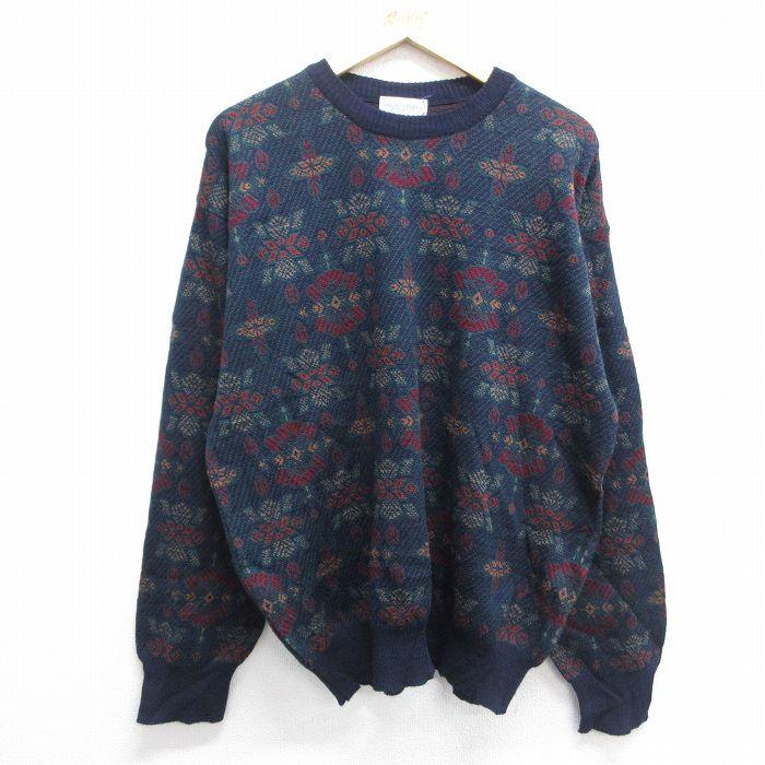 【50%OFF】XL/古着 長袖 セーター メンズ 90s 総柄 ウール クルーネック 紺 ネイビー 24nov19 中古 ニット トップス ...