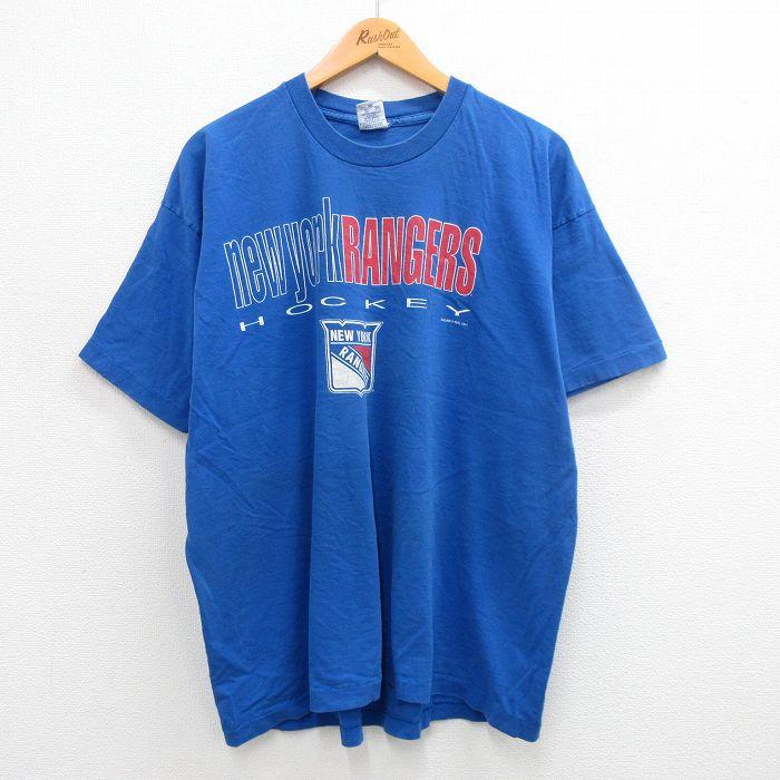 XL/古着 半袖 ビンテージ Tシャツ メンズ 90s NHL ニューヨークレンジャーズ 大きいサイズ コットン クルーネック 青 ブルー ...