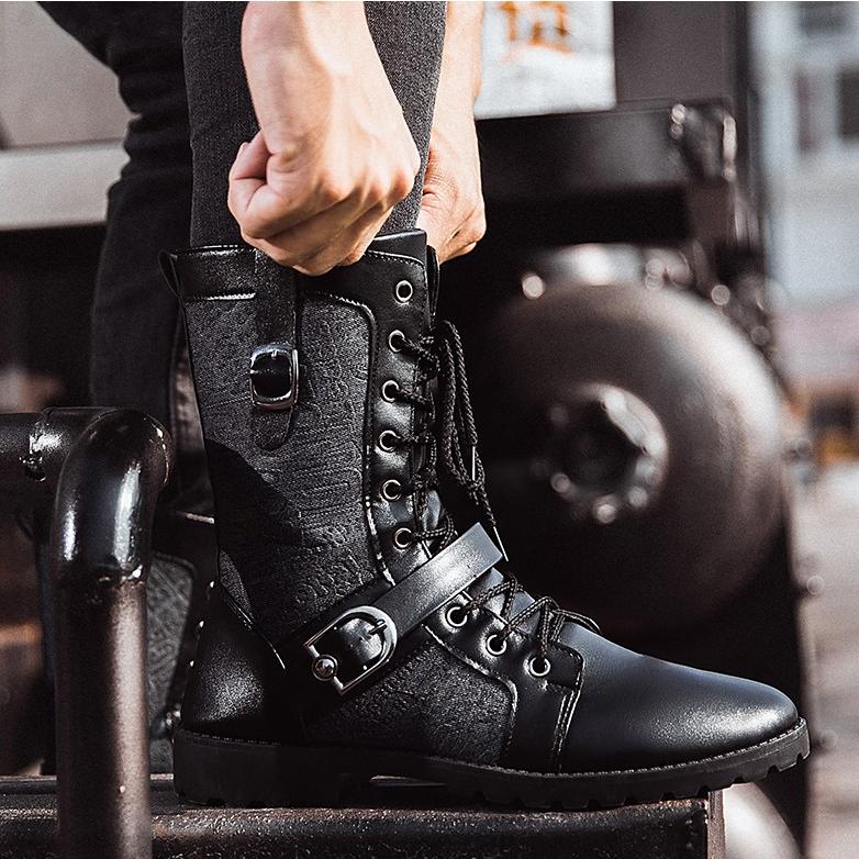 バイクブーツ カジュアルブーツ ライダース ツーリングブーツ メンズ ハイカット PU レザーブーツ レースアップ ブーツ 身長アップ : ベルト メンズ 本革 FleurUneffe ...