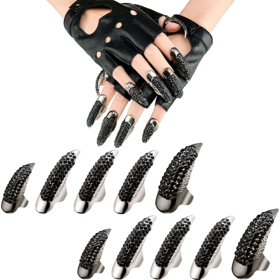 10 Pieces Gothic Punk Crystal Claw Full Rings with Heart Cutout Half ...