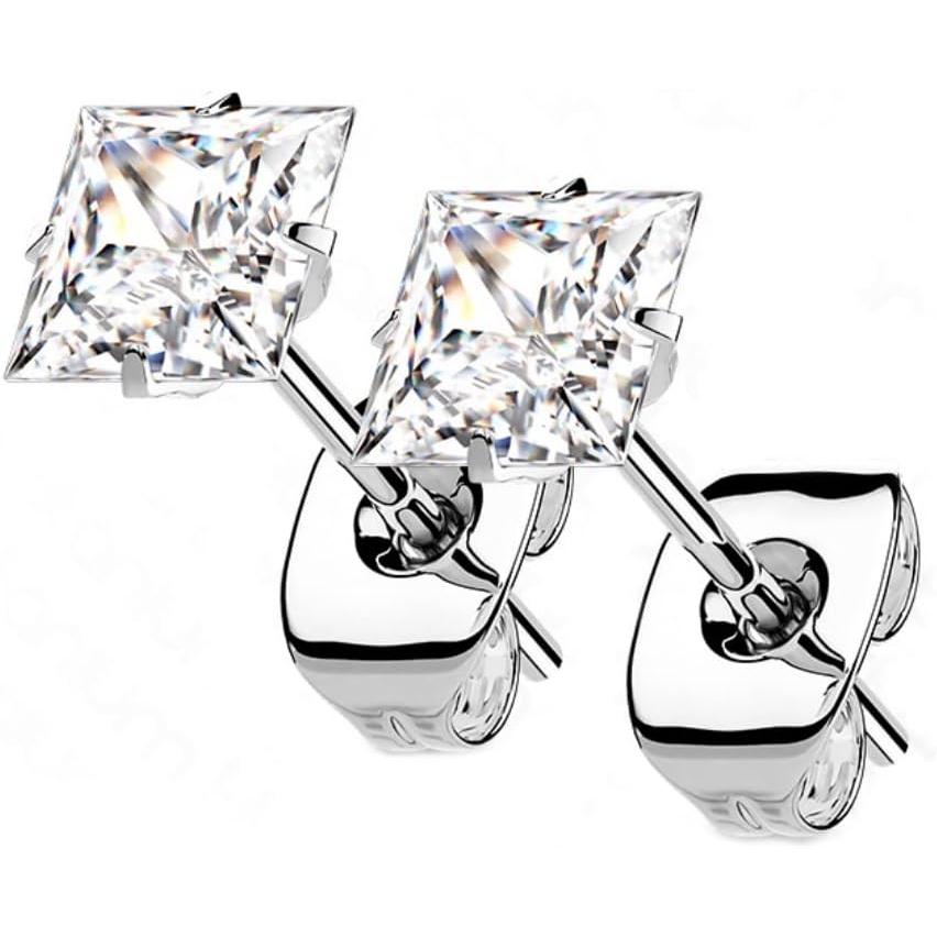 Prong Set Square CZ Implant Grade Titanium Stud Earrings (4mm Silvertone) 並行輸入品 : Global Plaza ...