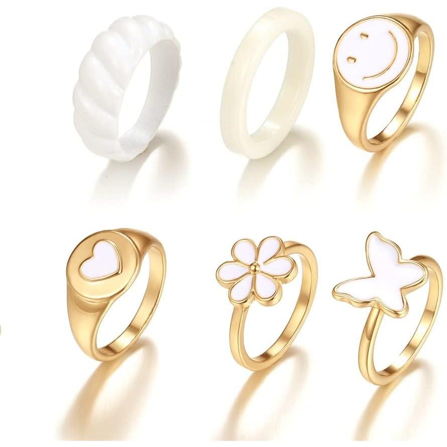 6 PCS Cute Rings Set Y2K Trendy Smile Heart Flowers Butterfly Rings ...