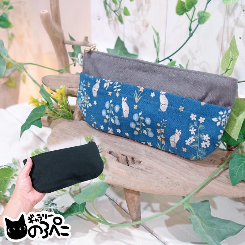 花と猫ちゃんの外ポケット付きペンケース(猫柄コットンリネンとグレー帆布の横長ポーチ) aa362-281 : ギャラリーのろぺこ - 通販 - Yahoo!ショッピング