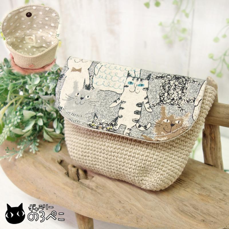コットンリネン糸で編んだふた付きニットポーチ(らくがき猫ちゃん・グレー) bc630-412 : ギャラリーのろぺこ - 通販 - Yahoo!ショッピング