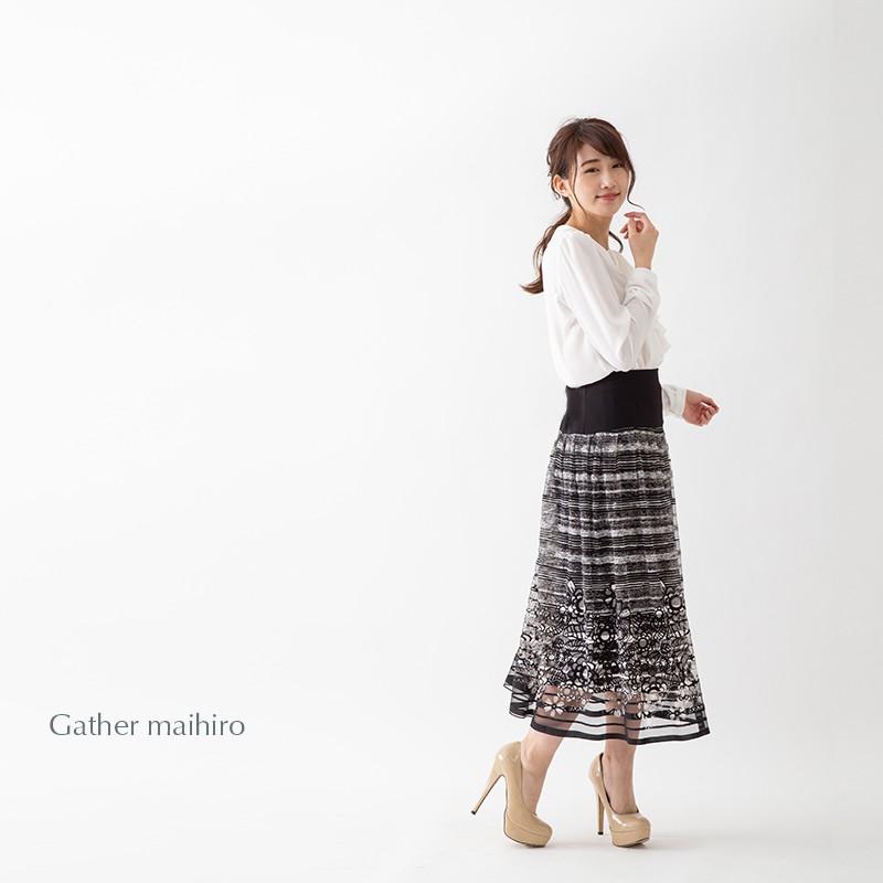 [ 今だけSALE 半額 50%OFF ] 透かしボーダー裾花柄プリント ウエスト切替タックスカート 総ゴムスカート [メール便送料無料 ...