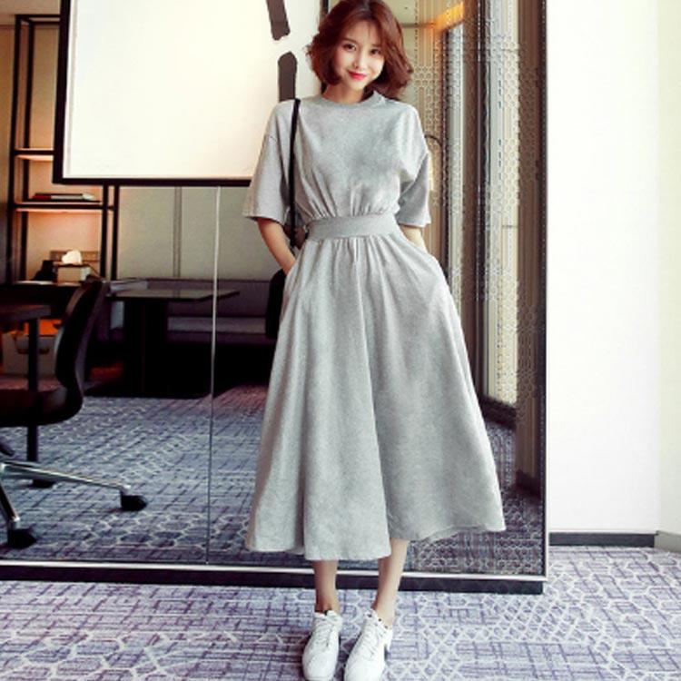 ワンピース スウェット 半袖 クルーネック ウェストゴム ポケットあり ロング丈 Aライン カジュアル ガーリー 楽ちん お出かけ レジャー 夏 : gem7 - 通販 - Yahoo!ショッピング