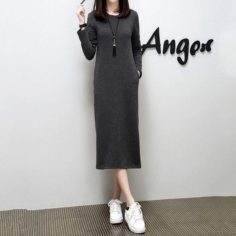 ワンピース 裏起毛 ロング ポケットあり Tシャツ 厚手 暖かい クルーネック 丸首 長袖 大きいサイズ あったか 防寒 冷え防止 秋 冬 : gem7 - 通販 - Yahoo!ショッピング