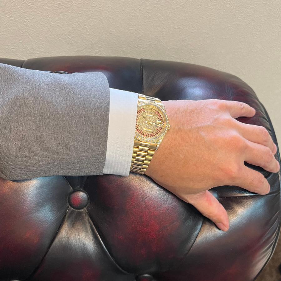 デイデイト ロレックス 18388 E番 純正ルビー/パヴェダイヤ文字盤 純正ベゼル＆ラグダイヤ 美品 メンズ 自動巻 時計 : ジェムライン ...