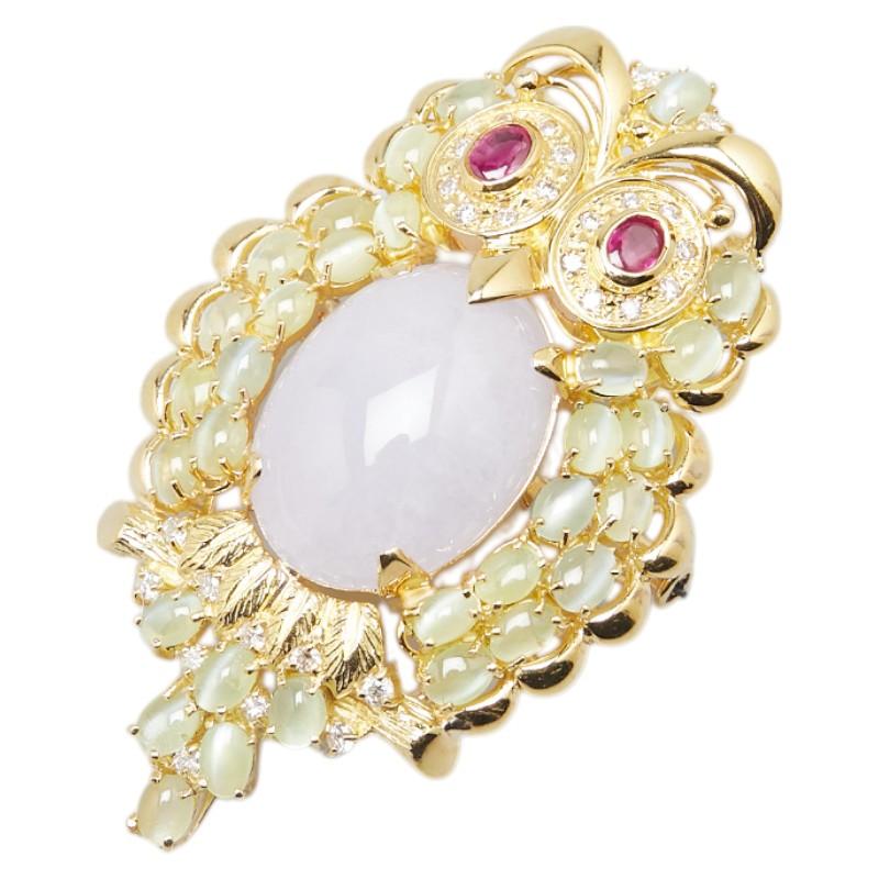 K18YG イエローゴールド ダイヤ0.40ct ラベンダーヒスイ17.97ct キャッツアイ7.86ct ルビー0.53ct フクロウ ブローチ レディース 中古 : 銀座パリス Yahoo ...