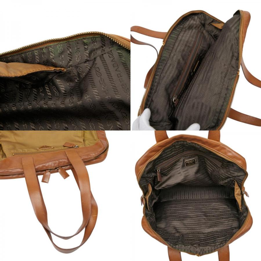 プラダ 三角ロゴプレート ハンドバッグ ベージュ ブラウン ナイロン レザー レディース PRADA 【中古】 PRADA（プラダ） 三角ロゴプレート ハンドバッグ ベージュ ブラウン