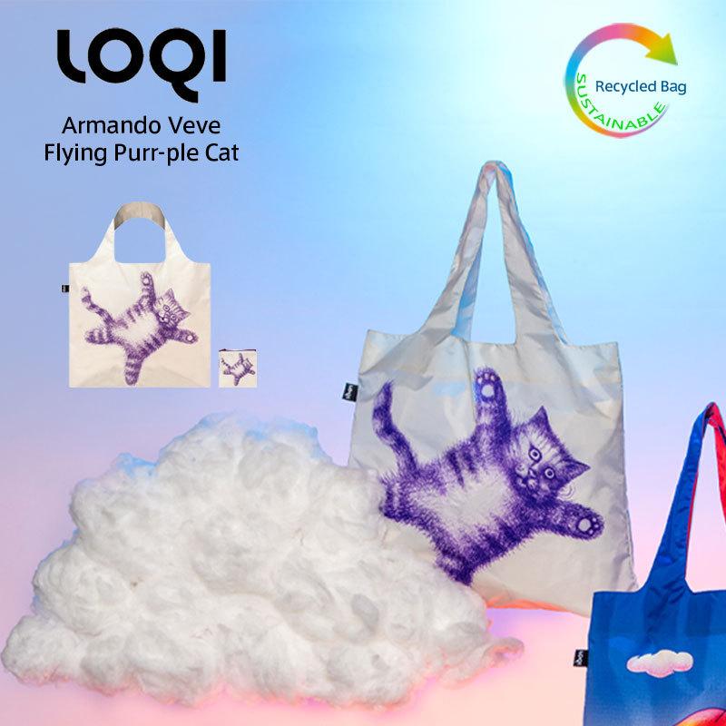 green LOQI ローキー Flying Purr-ple Cat Recycled Bag フライング 猫 エコバッグ リサイクル ...