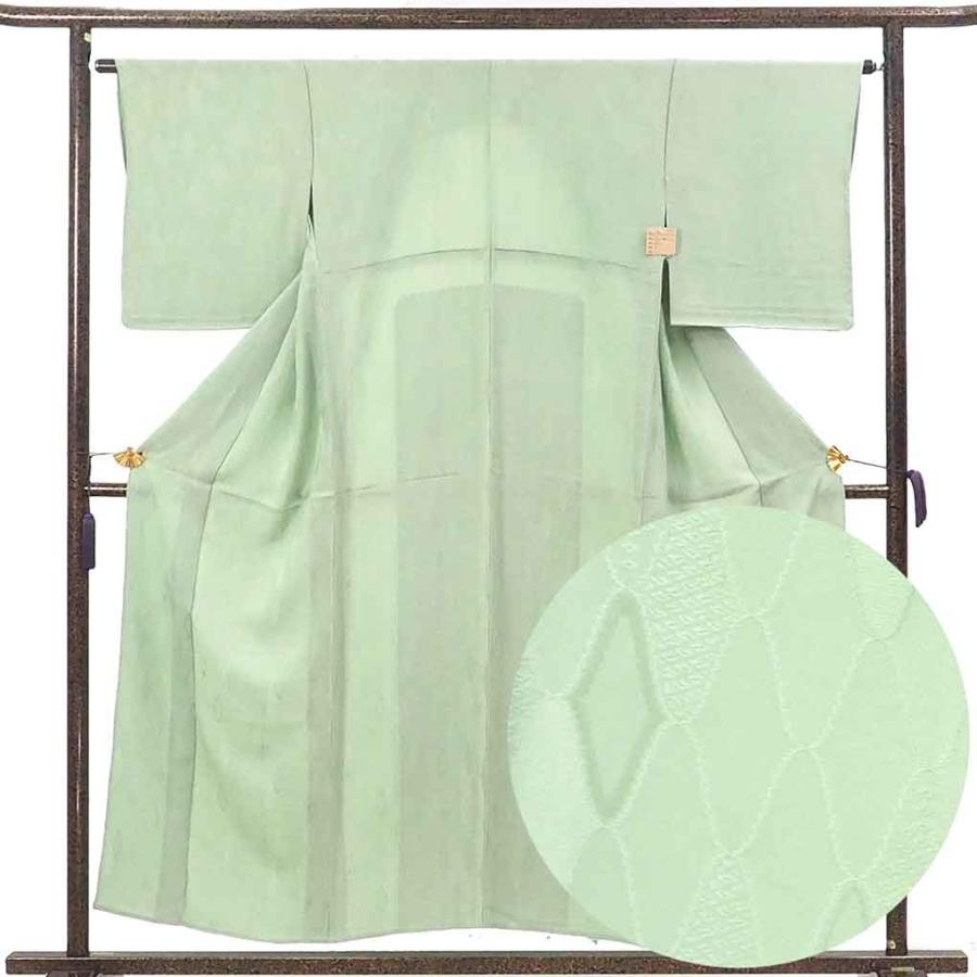 色無地 リサイクル着物 身丈155cm 裄丈64cm 前幅27cm 後幅31cm 袖丈48cm 袖幅32cm 単衣 無地 裄Mサイズ 初夏・初秋用 正絹（シルク）グリーン 未使用品 リメイク ...