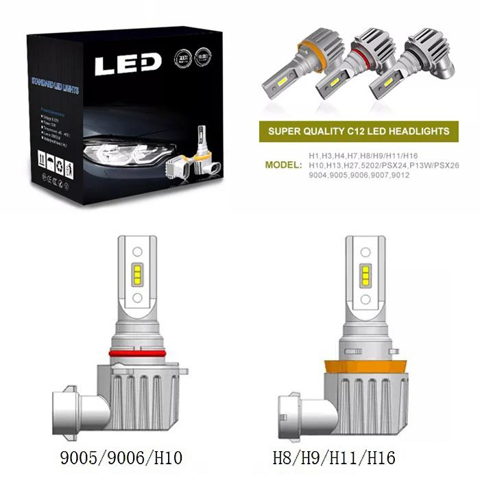 LED バルブ H8 H9 H11 H16 HB3 HB4 6500K 3600ルーメン 12V 24V 対応 IP67 防水性能 ファンレス 静音 小型 1年保証 C12シリーズ ヘッド ...