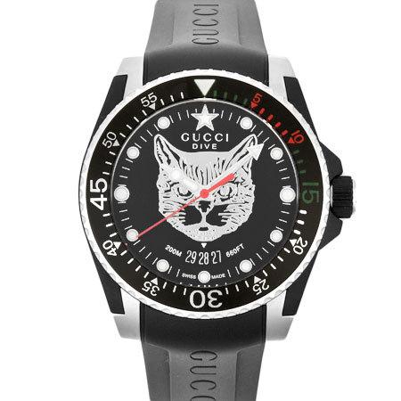GUCCI（グッチ） グッチダイヴ ウォッチ 40mm キャットヘッド メンズ 時計 クォーツ SS/ラバー 黒文字盤 YA136320 ...