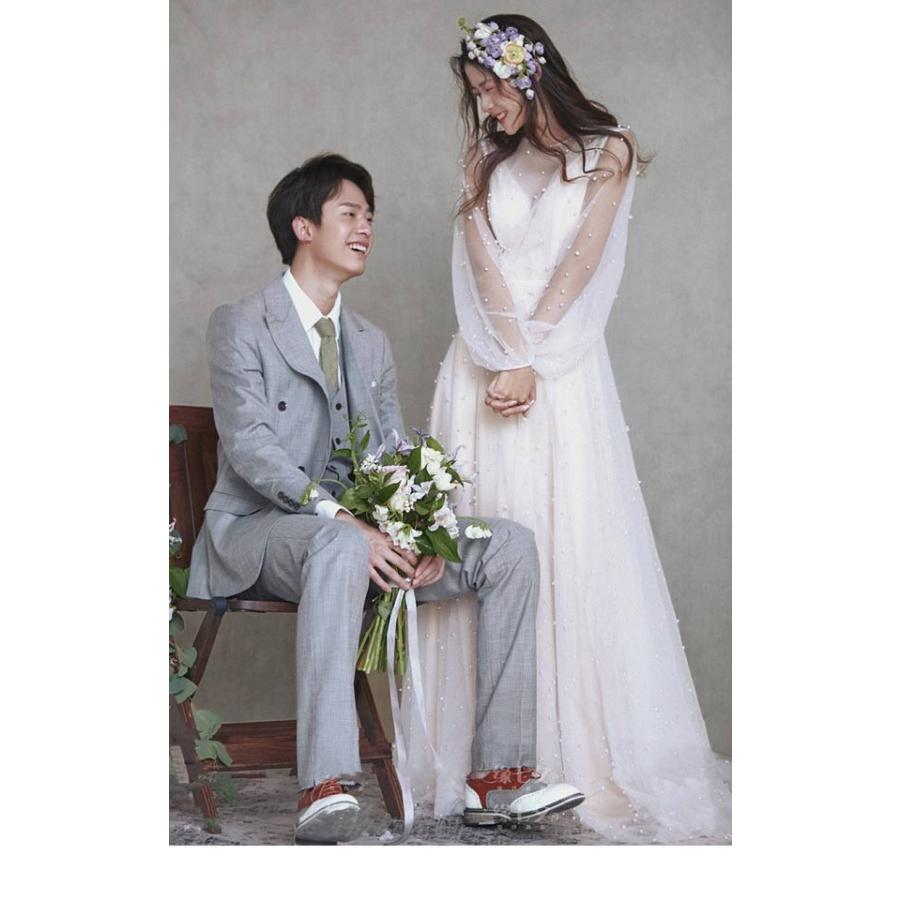 ウェディングドレス 花嫁 長袖 シンプル 白ドレス Vネック ワンピース