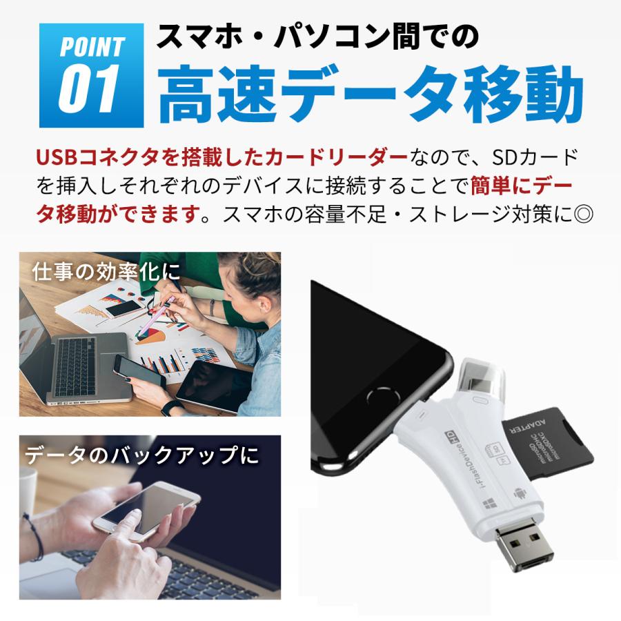 スマホ SD カードリーダー SDカード カメラリーダー 4in1 iPhone Android iPad Mac に対応 TypeC micro 写真 高速 バックアップ データ転送 画像 ...