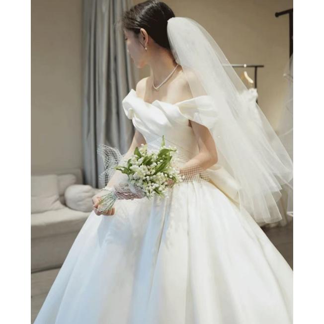 ウェディングドレス 二次会 結婚式 ブライダル Aラインドレス サテン オフショルダー 前撮り 挙式 花嫁 ウエディングドレス リボン プリンセス シンプル ウェディングドレス 二次会 結婚式 ブライダル Aラインドレス サテン