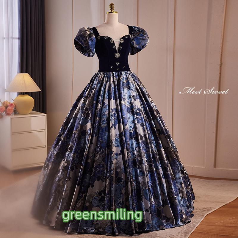 カラードレス プリンセスライン ネイビー パフスリーブ 半袖 花柄 ロングドレス ウェディングドレス 結婚式 二次会 花嫁 前撮り 演奏会 発表会 ステージ衣装 カラードレス プリンセスライン ネイビー 花柄 パフスリーブ 半袖
