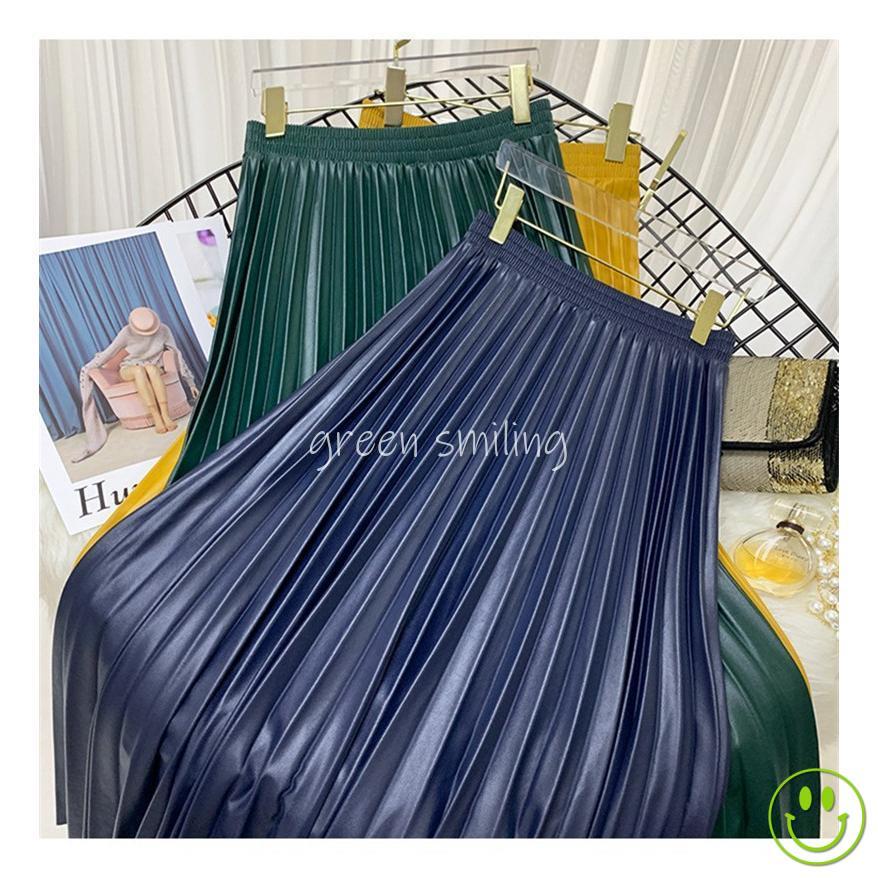 レザースカート レディース ロング丈 プリーツスカート フェイクレザー ハイウエスト Aライン フレア PU シンプル 通勤 秋冬 高級感 おしゃれ :green-t711-qt797 ...