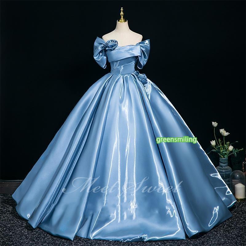 カラードレス 光沢 サテン ライトブルー オフショルダー 演奏会 発表会 二次会 花嫁 ウエディング ウェディングドレス 可愛い ロングドレス 前撮り プリンセス : Green ...