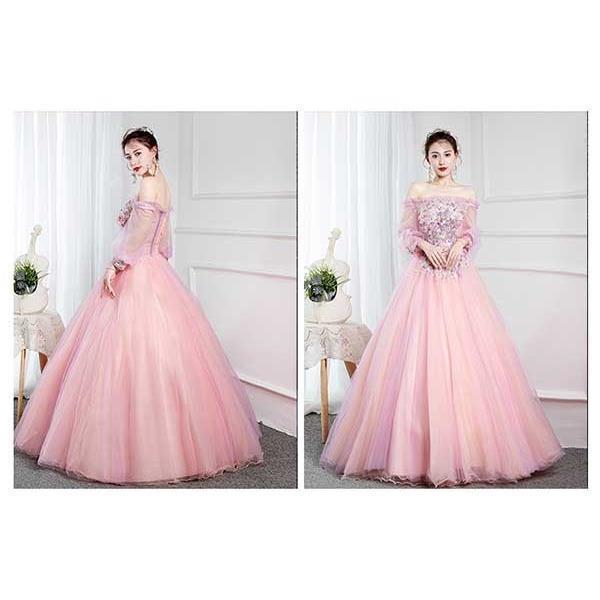 カラードレス ロングドレス 袖あり オフショルダー ピンク