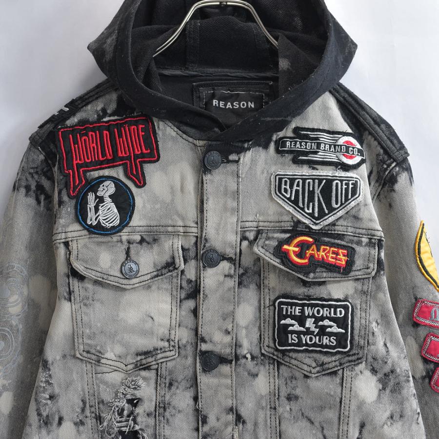 REASON NYC リーゾン パッチ刺繍 グランジ パンク カスタム ブラックデニム フード トラッカージャケット USA アメ : 古着屋 ...