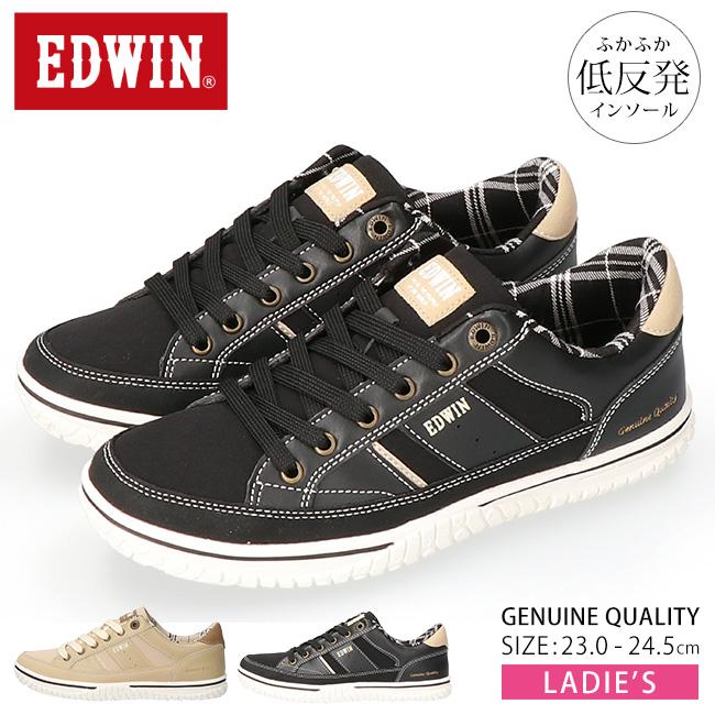 EDWIN エドウィン スニーカー レディース ローカット 軽量 2E相当 疲れない 歩きやすい 履きやすい 滑らない EDW-4647 黒 おしゃれ チェック柄 通勤 通学 靴 : はきもの ...