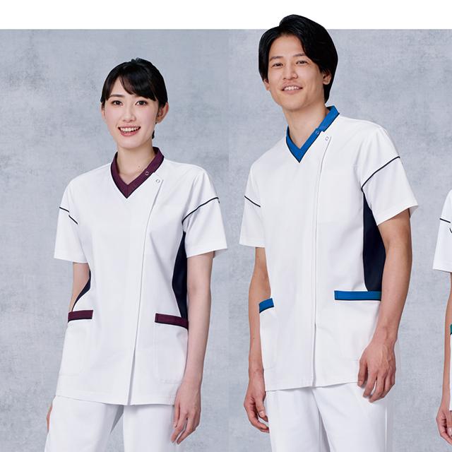 KAZEN 034 カゼン ナースウェア スクラブ ジャケット 男女兼用 半袖 工業洗濯可 制菌加工 透け防止 吸汗 制電 ストレッチ 防汚 SS 大きいサイズ 4L 5L : 白衣ネット ...