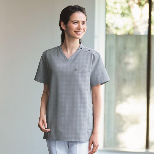 オンワードセレクション HS8120 オンワード メディカルウェア スクラブ 男女兼用 グレンチェック 半袖 制菌加工 静電気帯電防止 速乾 ...