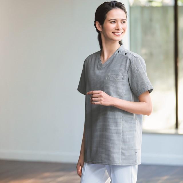 オンワードセレクション HS8120 オンワード メディカルウェア スクラブ 男女兼用 グレンチェック 半袖 制菌加工 静電気帯電防止 速乾 ...