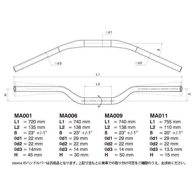MA006B 汎用テーパーハンドルバー Φ 22-29 mm ブラック rizoma（リゾマ） : バイク メンテ館2号店 - 通販 ...