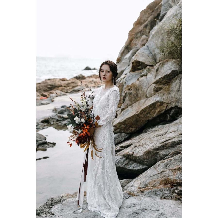 ウエディングドレス 購入 袖あり レース 白 結婚式 二次会 花嫁 披露宴